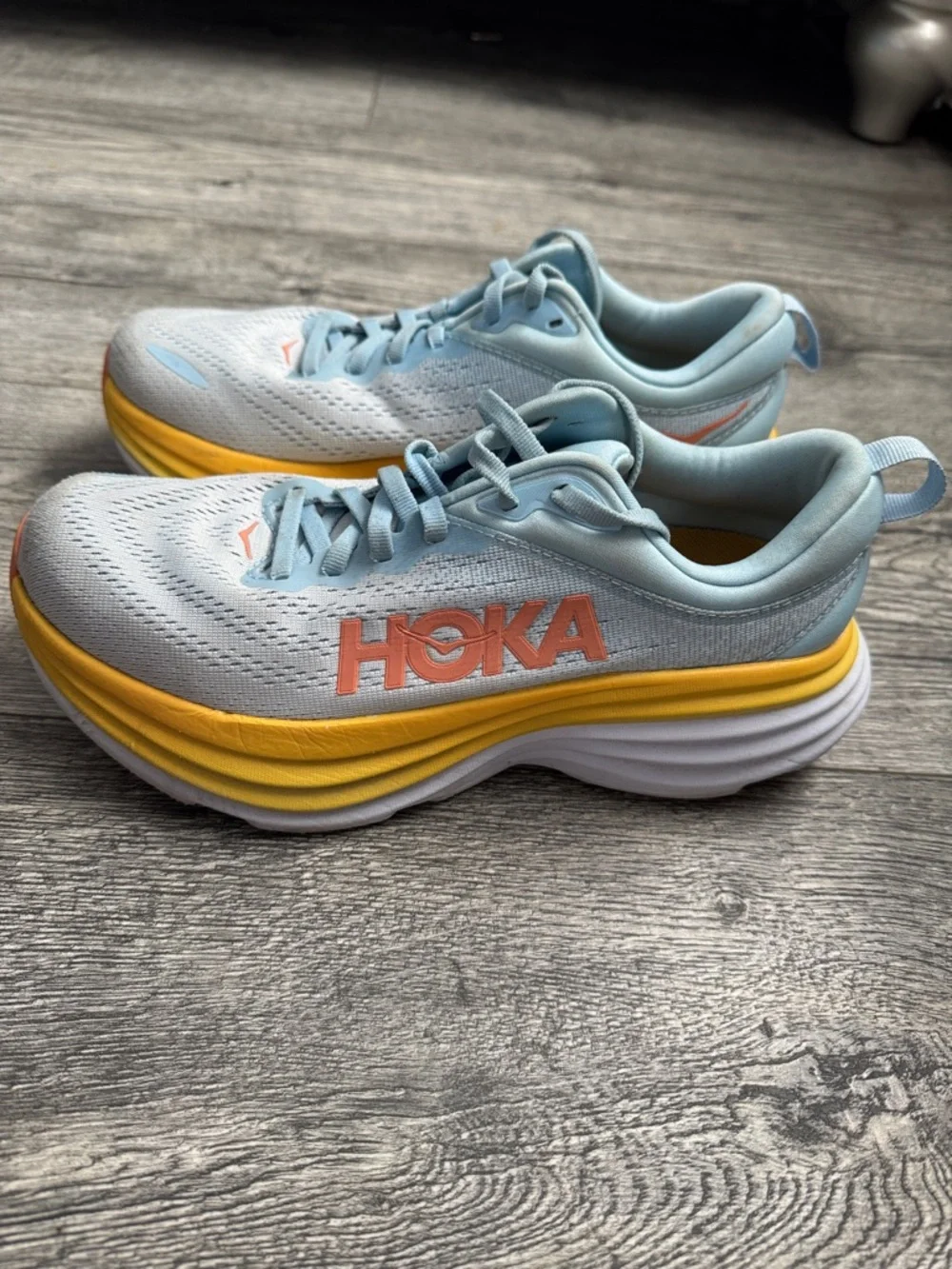 Hoka | Shoes | Hoka Light Blue Sneakers With Yellow Midsole And Coral ...